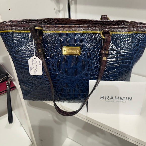 Brahmin | Bags | Brahmin Blue And Brown Textured Leather Tote | Poshmark